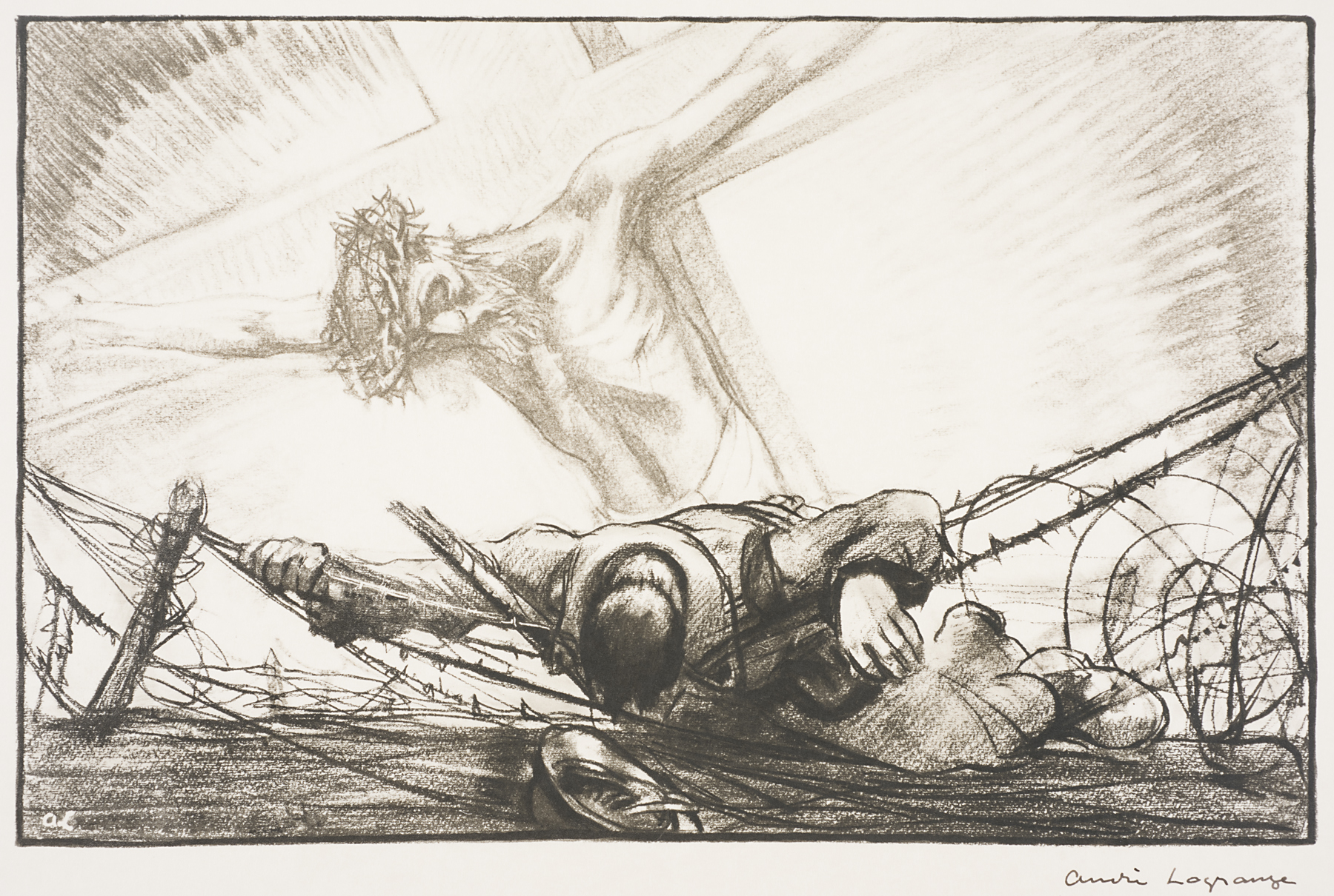 untitled (soldier over a barbed wire fence, with Jesus above him ...